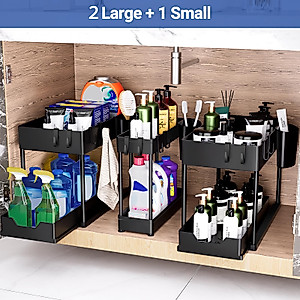 3 Pack Puricon Under Sink Organizer Pull Out Under Sink Storage, 2 Tier Multi-Purpose Sliding Under the Sink Organizer Bathroom Kitchen Sink Organizer Under Cabinet Shelf for Cleaning Supplies -Black