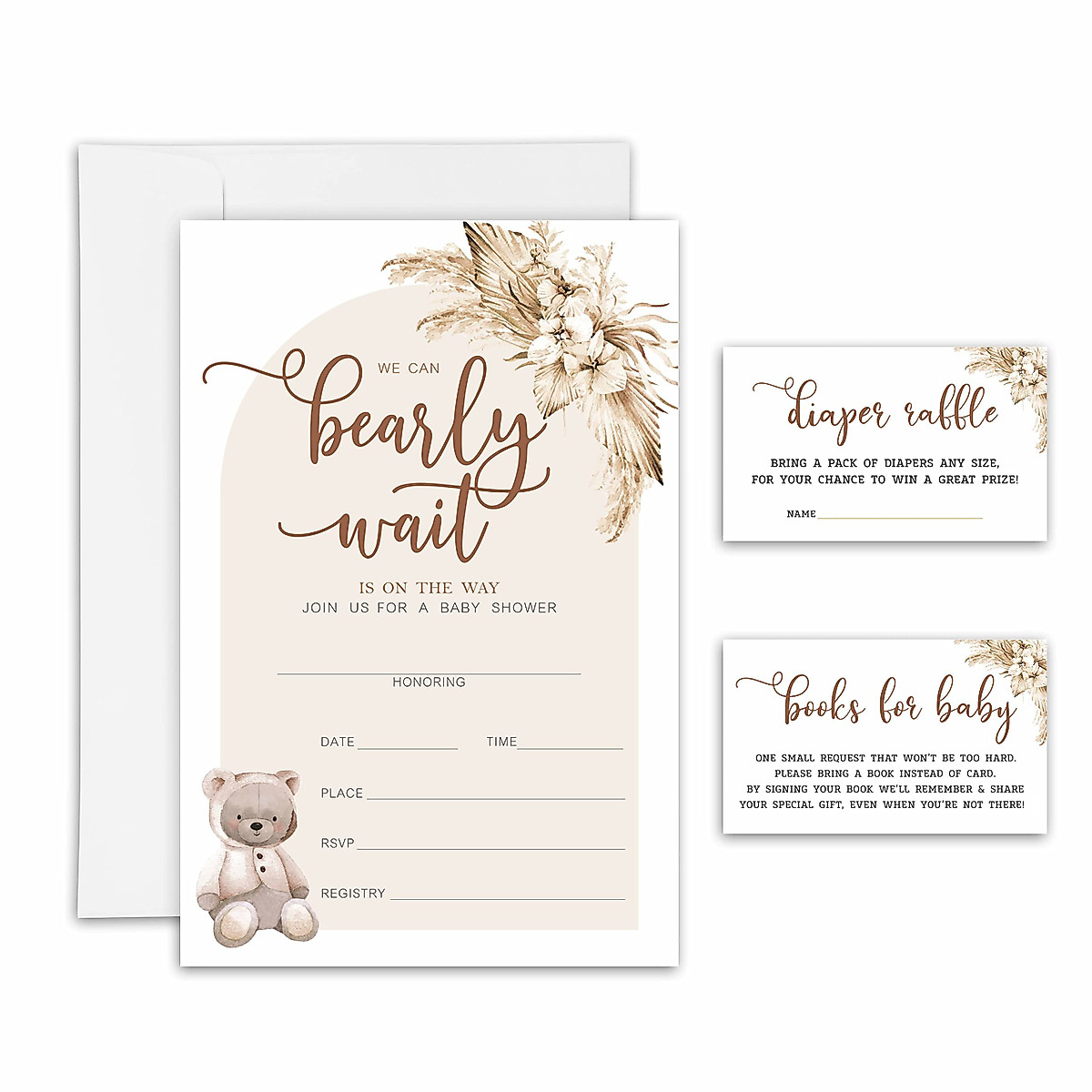 Baby Shower Invitations, Diaper Raffle Tickets and Baby Shower Book Request Cards, Bear Boho Floral Baby Gender Reveal Party Supplies, Gender Neutral Baby Shower Decorations - 25 Sets(YQKTZ-014)