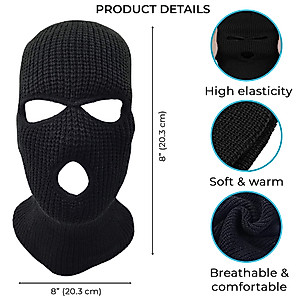 3 Hole Knitted Full Face Ski Mask Winter Balaclava Face Cover for Outdoor Sports (Black)