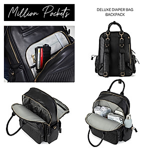 JuJuBe | Million Pockets Vegan Leather Diaper Bag Backpack - Large Travel Backpack for Women | Black Catwalk