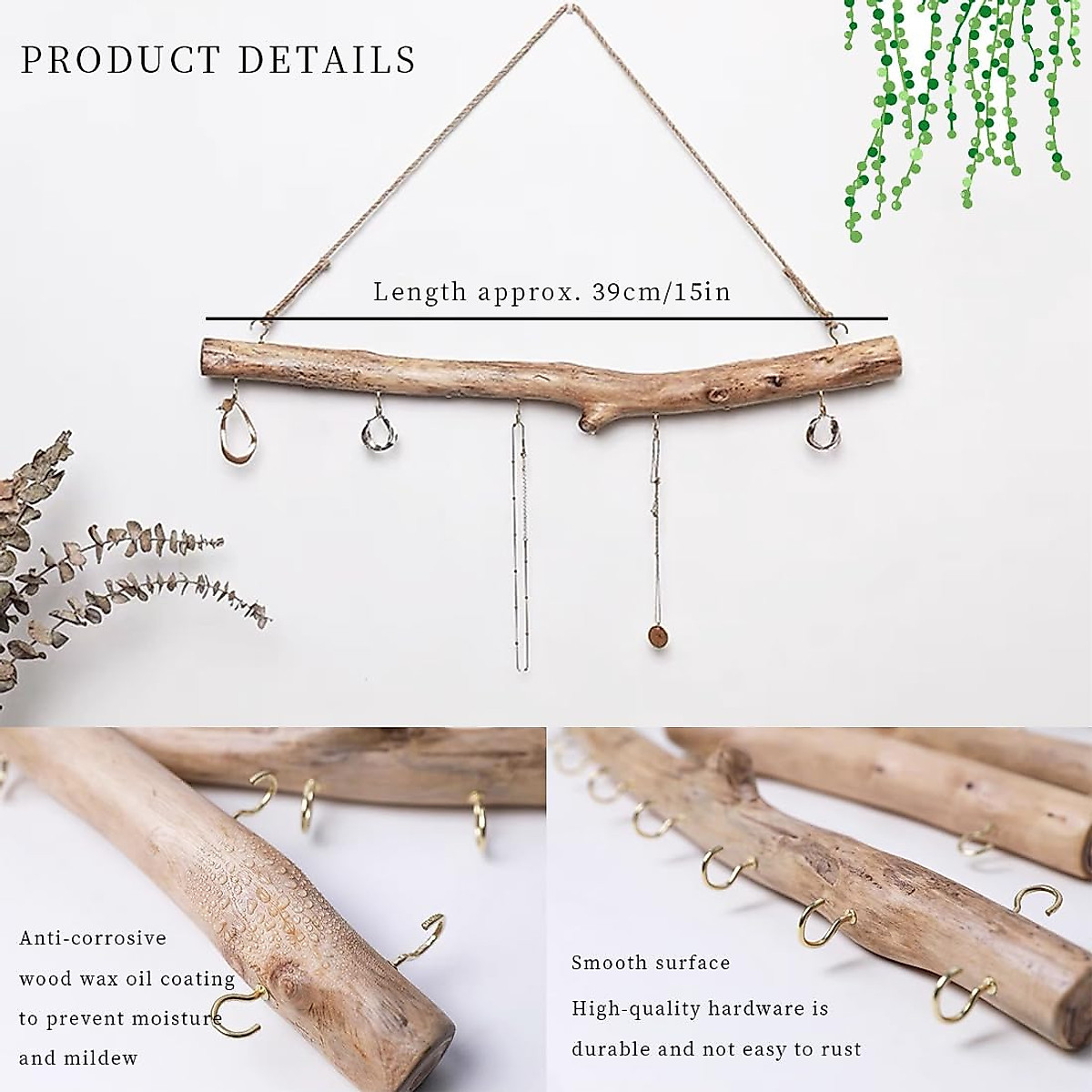 Logs for Decoration Natural Driftwood Decorative Branches Home Wall Hanging Decor Jewelry Organizers with 5 Hooks (15 Inch)