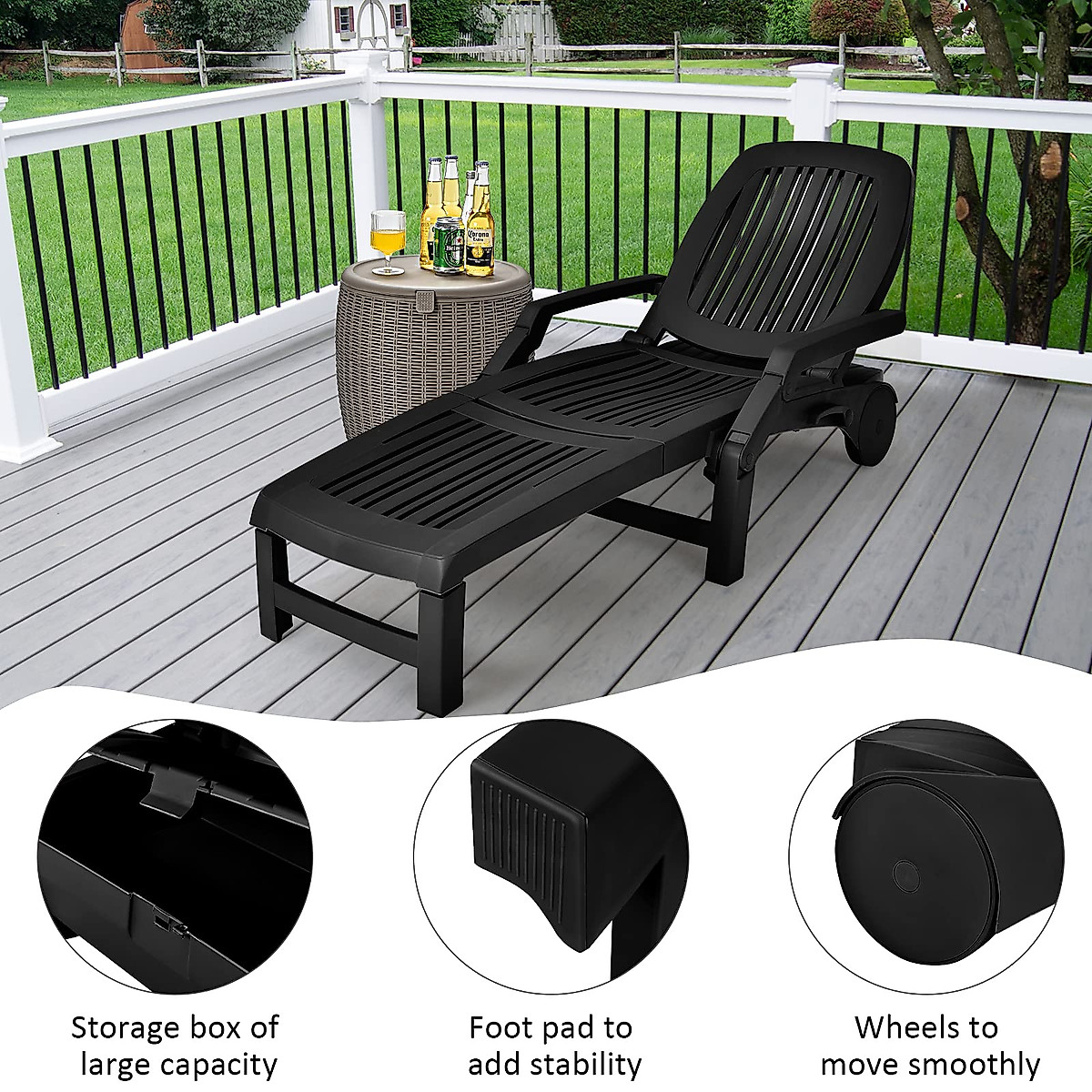 Giantex Chaise Lounge Outdoor, 6 Adjustable Backrests Lounge Chair Recliner, Outdoor Furniture for Patio Poolside Garden, Foldable Sun Lounger with Wheels (2, Black)