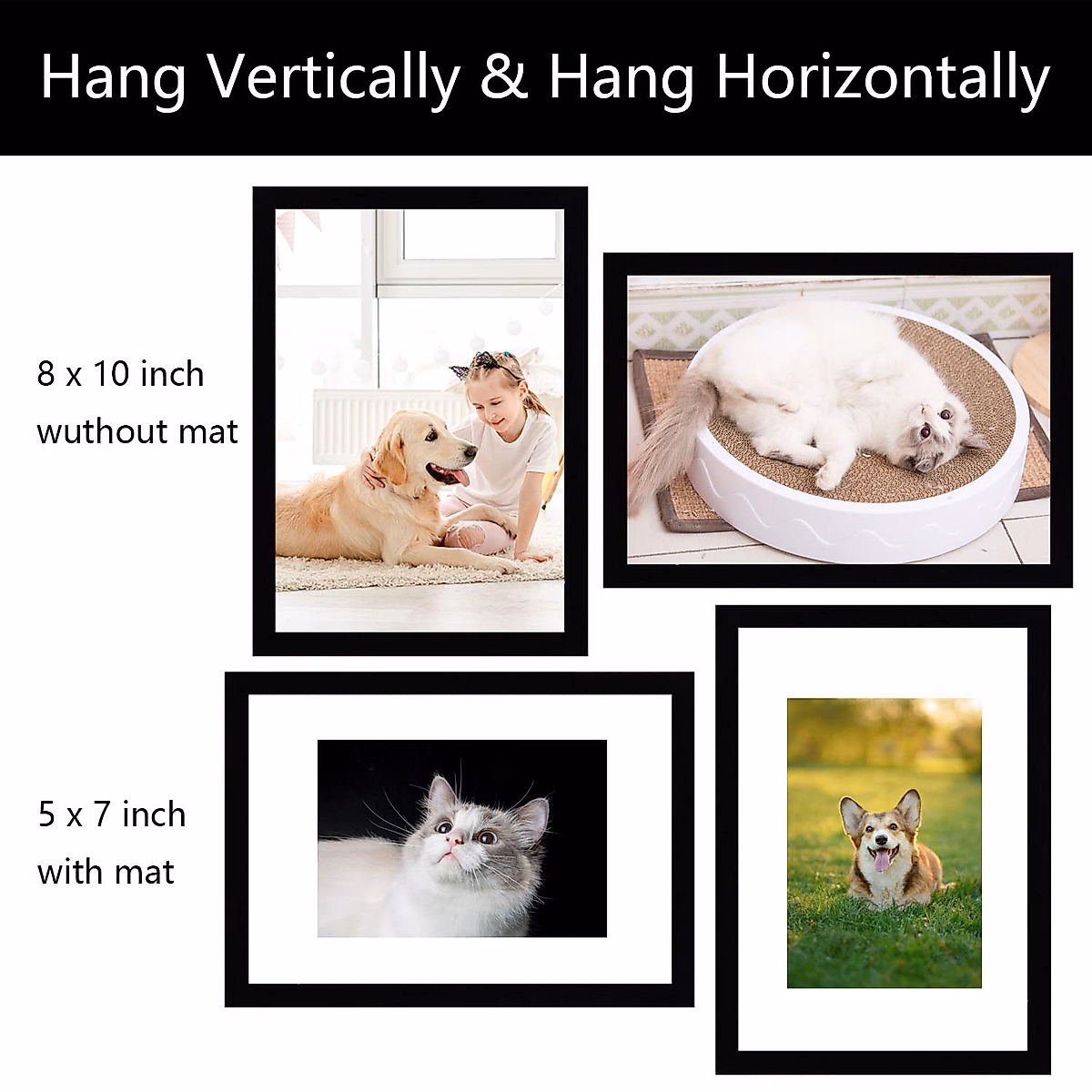 BOANKODU 8x10 Picture Frame Set of 2, Made of High Definition Transparent Plastic for 5x7 with Mat or 8x10 Without Mat, Wall Mounting Photo Frames, Black