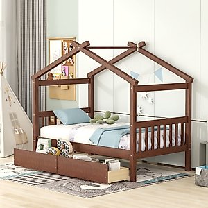 Twin Size House Bed with 2 Storage Drawers Wooden Kids Montessori House Bed Frame Wood Playhouse Tent Bed for Girls Boys Teens, Walnut