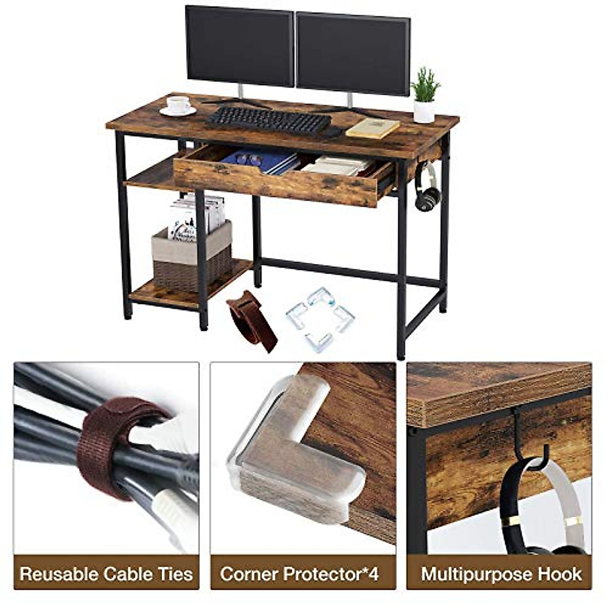 Rolanstar Computer Desk with Shelves and Drawer, 39" Home Office Writing Desk, Laptop Study Table Workstation, Retro Industrial Design, Stable Metal Frame, Rustic Brown