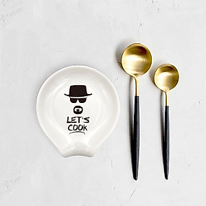 family Kitchen Funny Kitchen White Ceramic Spoon Rests, Let’s Cook Coffee Tea Spoon Rest Holder for Men, Friends, Chef New House Housewarming Gift