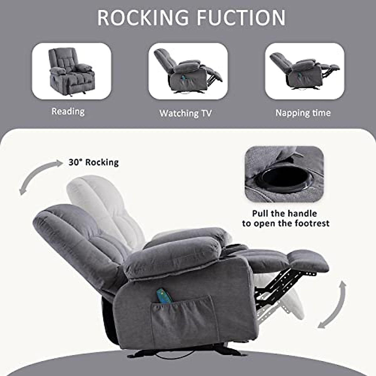BOSMILLER Massage Rocker Recliner Chair with Vibration Massage and Heat Ergonomic Lounge Chair for Living Room with Rocking Function and Side Pocket, 2 Cup Holders, USB Charge Port