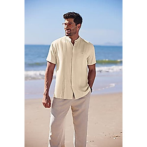 COOFANDY Men's Short Sleeve Linen Shirt Guayabera Cuban Beach Tops Band Collar Casual Button Down Shirts Khaki