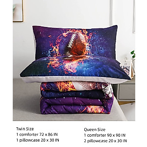 Roscloud Sports Football Rugby Comforter Sets Twin Size Bed Set- 2PC Ice Flame Galaxy Football Boys Quilt Bedspread Bedding Set（Comforter x 1 Pillowcases x 1）