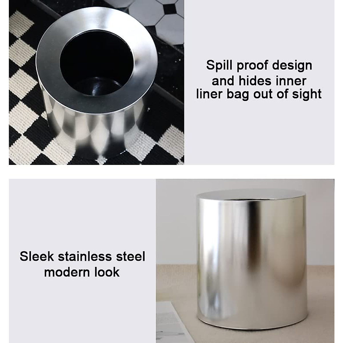 Sleek Metallic Silver Waste Basket - Stainless Steel Look Garbage Container - Spill Proof Trash Can - 12L/3.2Gal Capacity - Modern Garbage Pail - Futuristic Minimalist Style for Bedroom Living Room…