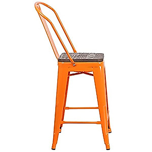 Flash Furniture Lily 24" High Orange Metal Counter Height Stool with Back and Wood Seat