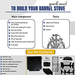 Sonret Barrel Woodstove Kit with Adapter Kit & Burn Barrel Grate – Perfect for 30-55 Gallon Barrel - Barrel Stove Kits - Fire Wood Camp Stove Barrel Stove Kit & Double Barrel Stove Adapter Kit…
