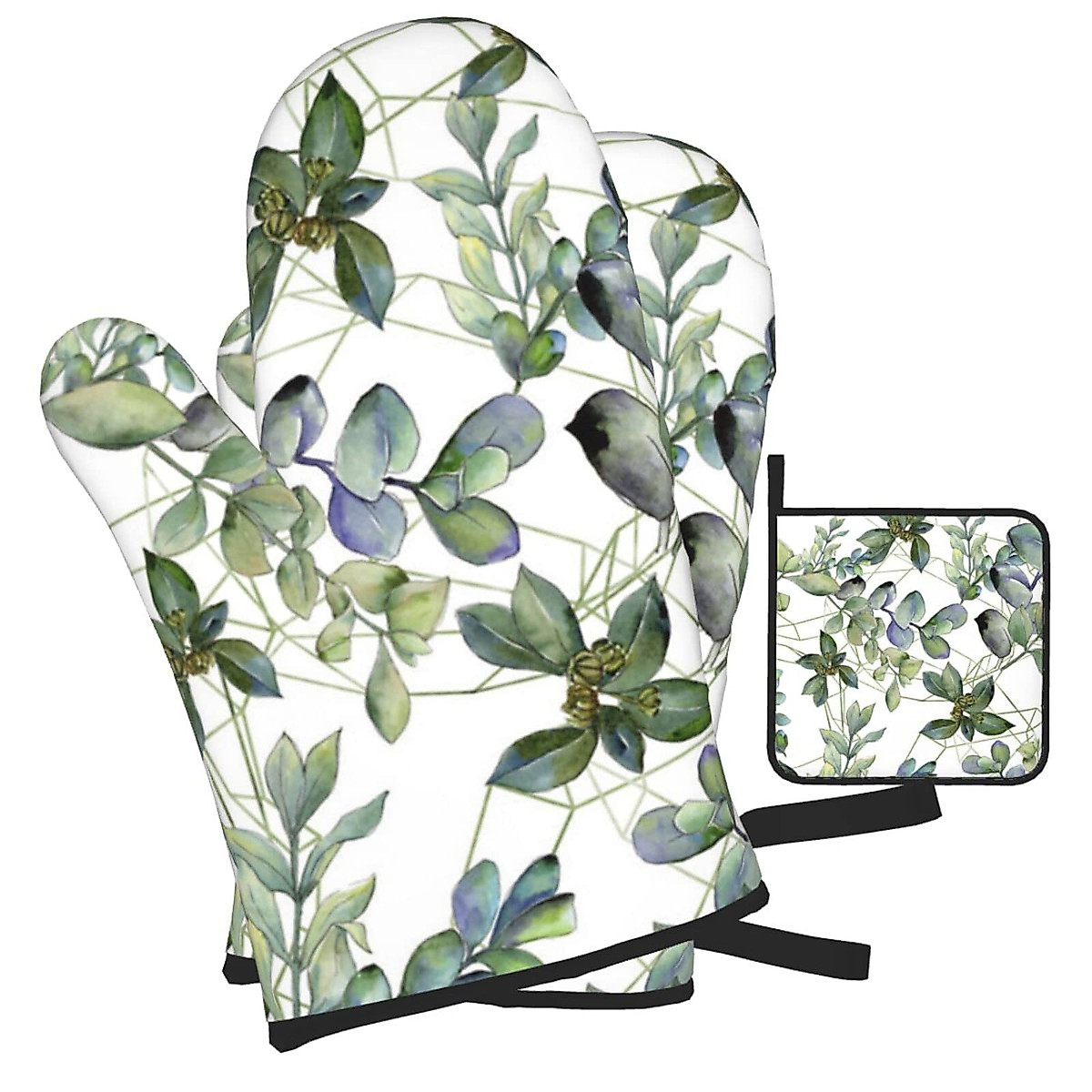 YILEQUAN Green Eucalyptus Leaves Print Oven Mitts and Pot Holders Sets,Kitchen Oven Glove High Heat Resistant 500 Degree Oven Mitts and Potholder,Surface Safe Baking, Cooking, BBQ,Pack 3 One Size