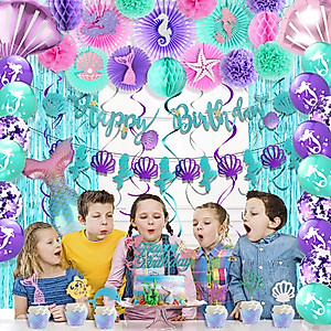 Hombae Mermaid Birthday Decorations, Mermaid Party Decorations Supplies Kit, Mermaid Cake Decorations, Mermaid Theme Birthday Decorations, Mermaid Banner Cake Topper Paper Fans with Cute Cut Outs
