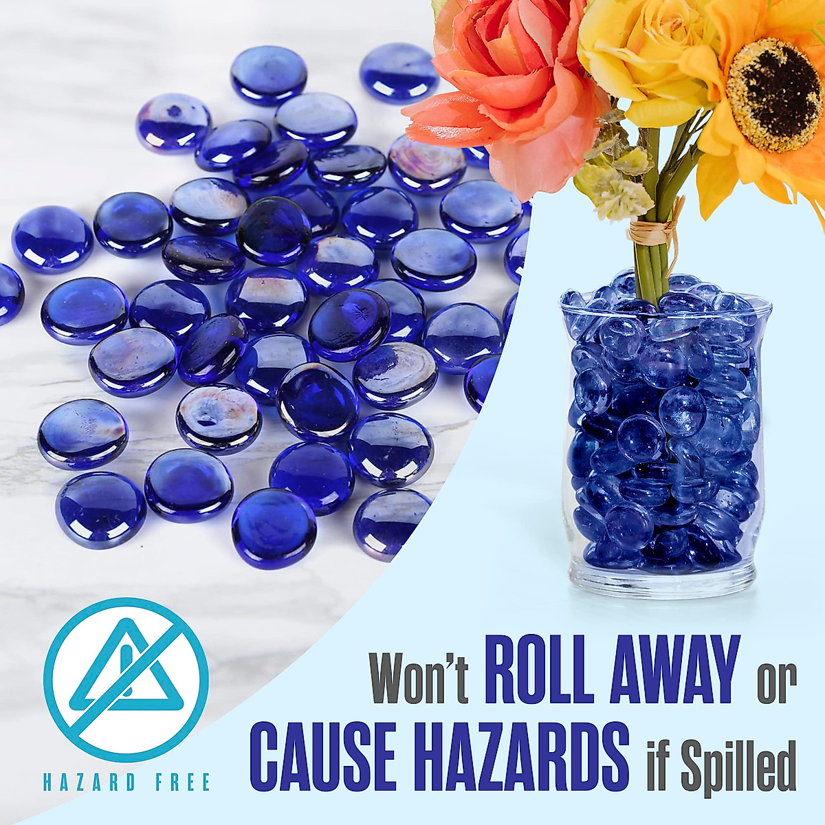 Houseables Glass Stone, Marbles, Pebbles for Vases, Blue, 5 LB, 400-500 Stones, Flat Bottom, Round Top Rocks, Bowl Filler Gems, Iridescent Decor, Decorative Centerpieces, Fire Beads, Florist, Aquarium