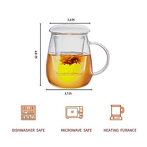 JPPSUJJ Glass Tea Cup with Infuser and Lid, Steeping Mug with Removable Strainer and Lid for Loose Leaf Tea, Borosilicate Glass Mug for Blooming Tea (Clear, 17.6 oz Capacity)