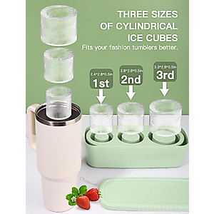 Ice Cube Tray for Tumbler Cup 30Oz-40Oz, 3 Pcs Silicone Cylinder Ice Mold with Lid and Bin for Freezer, Easy Fill and Release Ice Maker for Whiskey, Cocktail BPA-Free(Green, 40 Oz)
