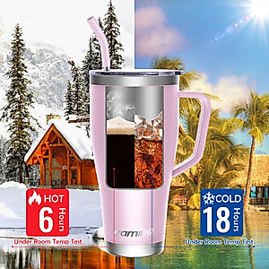 Hamino 30 oz Tumbler with Lid and Straw Handle, Double-Wall Vacuum Travel Coffee Mug with Handle, Stainless Steel Insulated Coffee Tumbler Mug Cup for Home Office Travel HOT COLD Drinks (Dream Pink)
