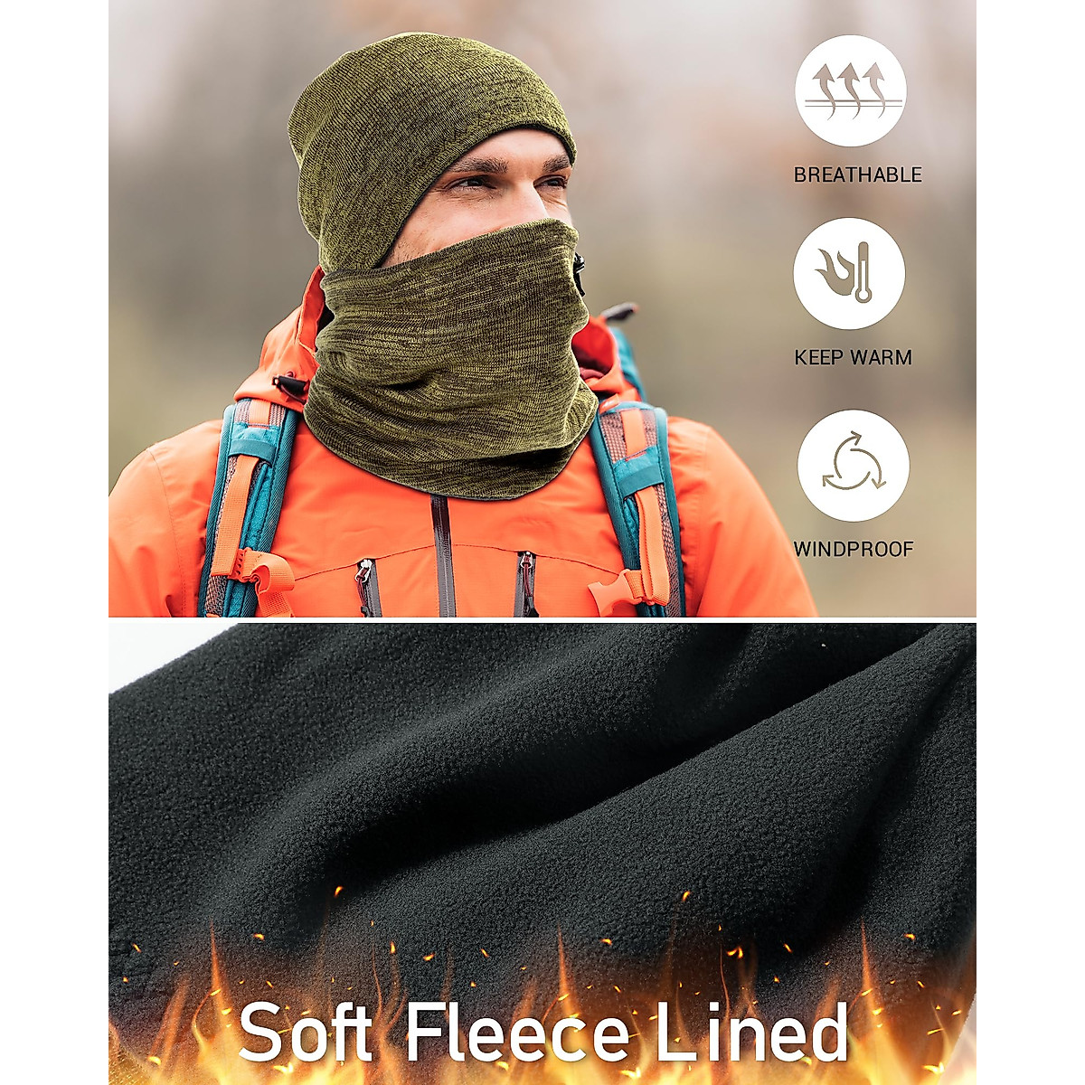 Winter Beanie Hat Scarf for Men Women Knit Thick Fleece Lined Warm Windproof Ski Skull Cap Neck Warmer Gaiter Face Scarf Set