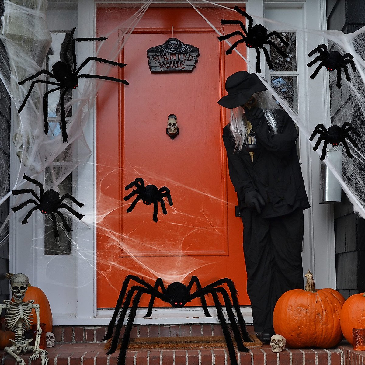 jollylife 7PCS Halloween Decorations Outdoor Fake Giant Spiders - Scary Props for Yard Haunted House Indoor Party Decor Supplies (47”×1pcs, 30”×1pcs, 20”×2pcs, 12”×3pcs)