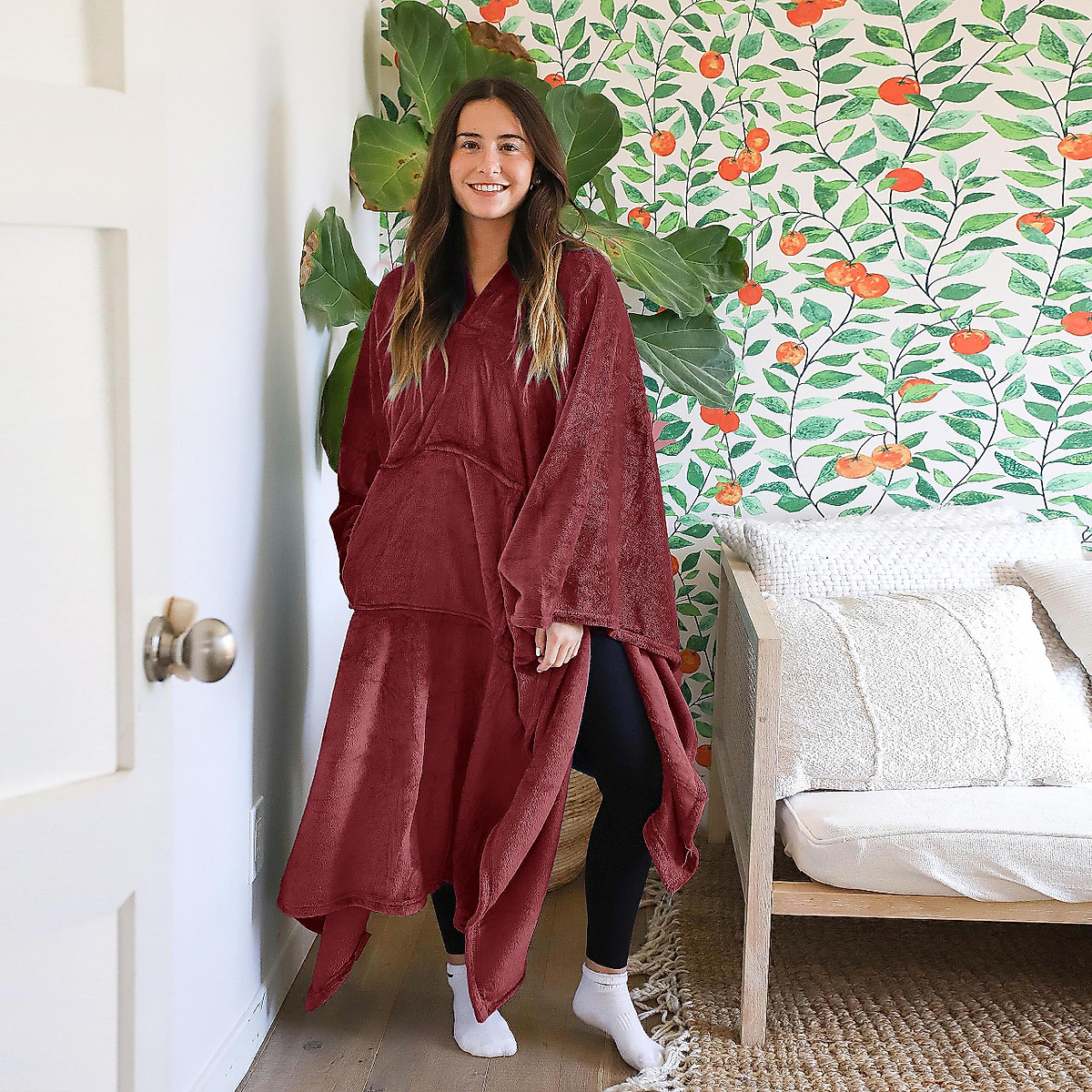 Poncho Blanket Comfy Plush Fleece Wearable Blanket for Adult Women Men Kids Throw Wrap Cover Indoors or Outdoors, 55''x 80'' Wine
