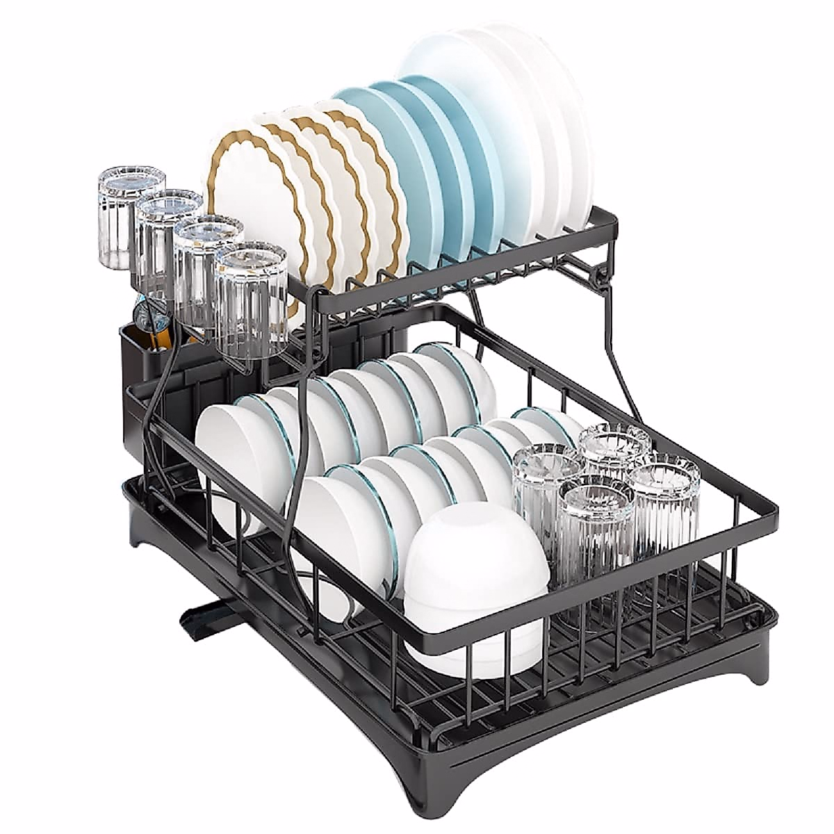 B BEAUTYBABY 2 Tier Dish Drying Rack with Drainboard Dish Racks for Kitchen Counter Dish Drainers Set with Utensils Holder Auto-Drainage Large Capacity Stainless Steel Dish Rack Detachable