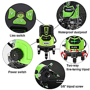 ML&SL Multi-Line Green Laser Level - Professional Automatic Self leveling Laser Horizontal&Vertical Cross line with Down Plumb Dot,360°Rotating Base,Rechargeable Battery for Indoor Outdoor