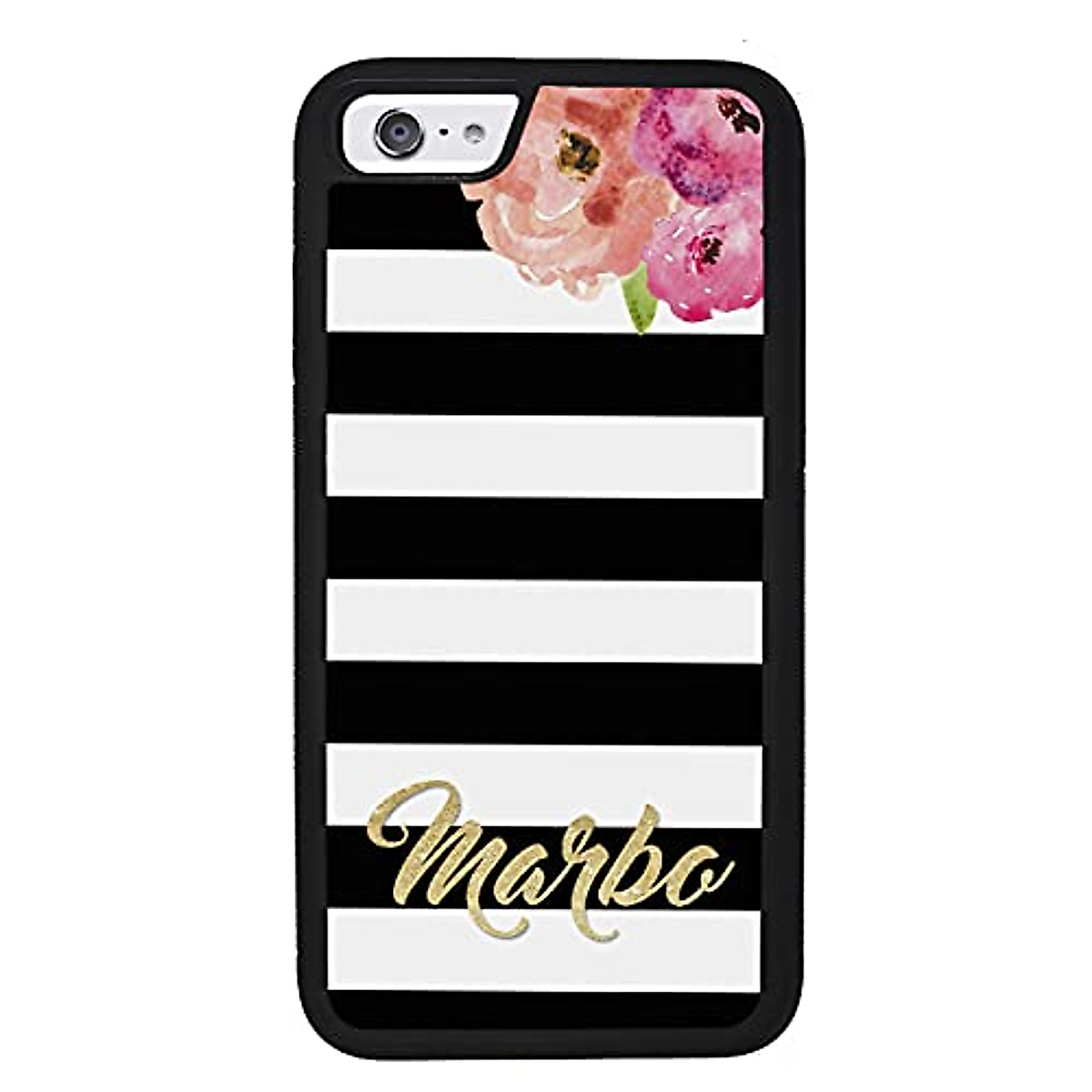 Golden Gold Personalized Flowers Black White Apple iPhone Black Rubber Phone Case Compatible with iPhone 14 Pro Max, Pro, Max, iPhone 13 Pro Max Mini, 12 Pro Max Mini, 11 Pro Max X XS Max XR 8 7 Plus