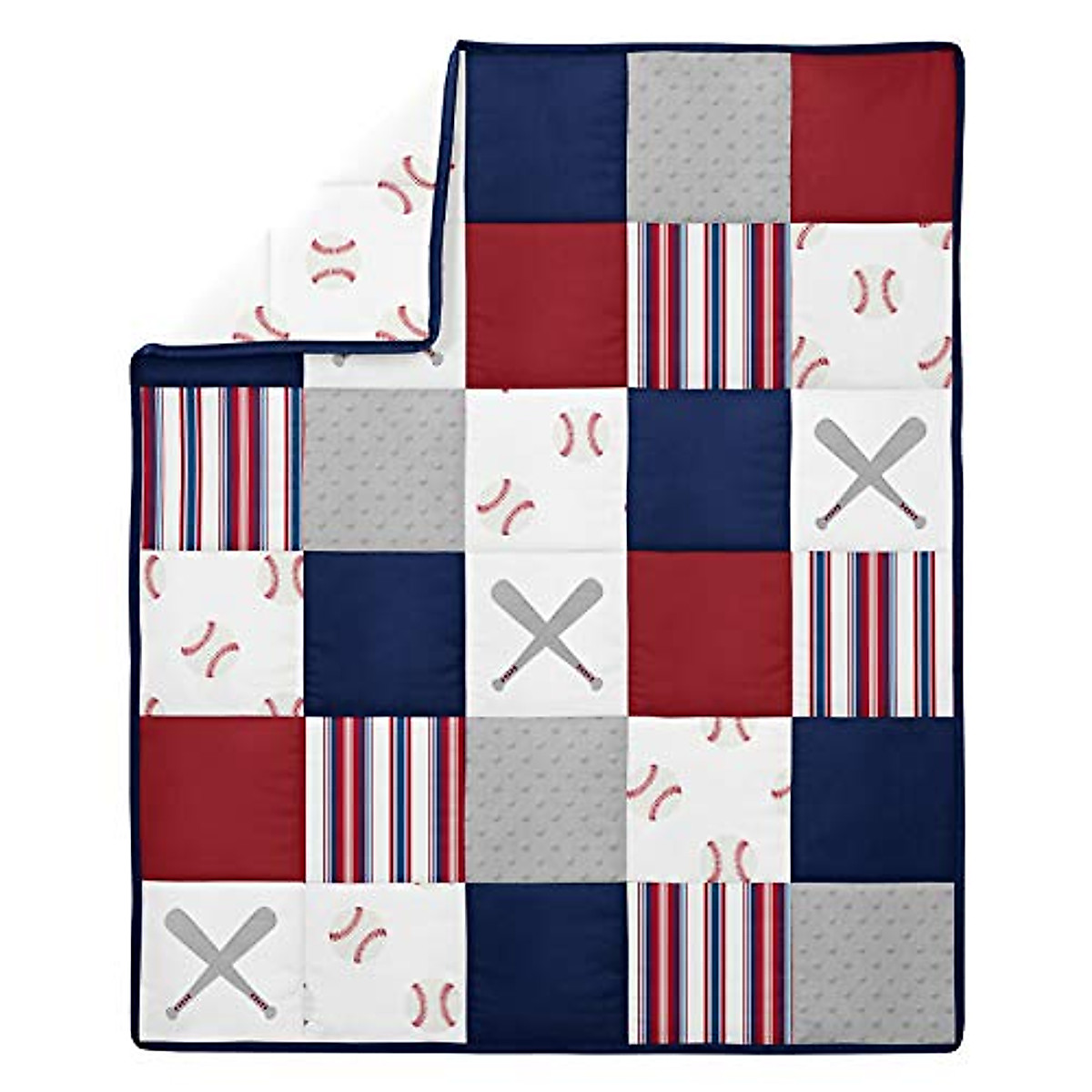 Sweet Jojo Designs Red, White and Blue Baseball Patch Sports Baby Boy Crib Bedding Set - 4 Pieces - Grey Patchwork Stripe