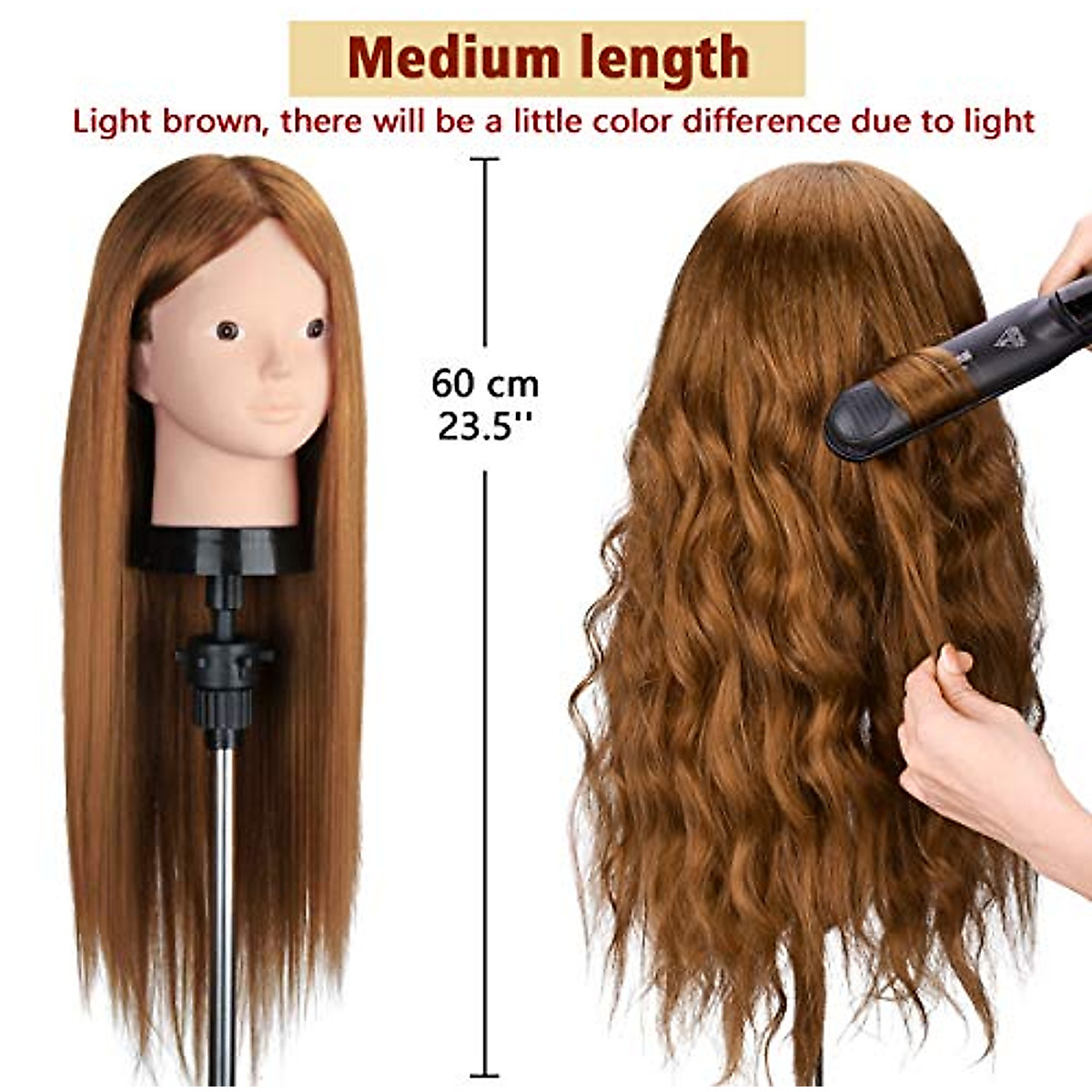 Beauty Star-Mannequin Head with 80% Real Human Hair, Mannequin Head with hair, Manikin Doll Head for Hair Styling with Table Clamp Holder + DIY Hair Styling Braid Set, Cosmetology Makeup Hairdressing Training Head ( Long 23.5inch, Light Brown )