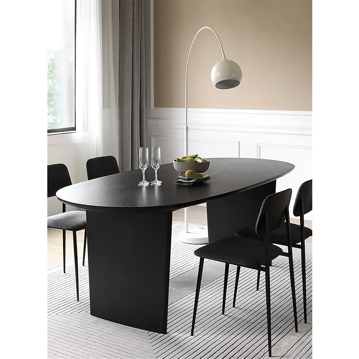 NIUYAO Modern Solid Oval Table with Double Pedestal, Natural Black Wood Top Table Simplicity Wabi-sabi Style Furniture for Dining Room Kitchen Leisure Coffee Table -47" L x 27.5" W x 29.5" H