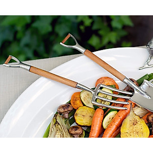 Vagabond House Pewter Metal Fork & Shovel Head with Acacia Wood Salad Serving Set Garden Set Serving Tools 11 inch Long