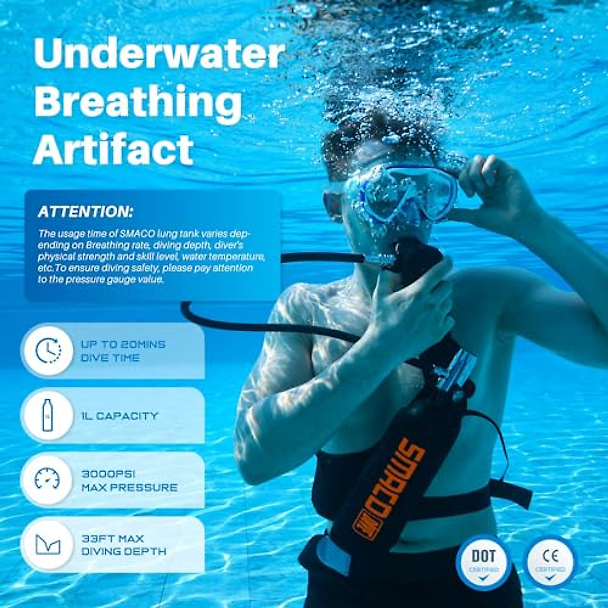 SMACO Scuba Tank Diving Gear for Diver 1L Mini Scuba Tank Small Diving Oxygen Cylinder up to 20 Minutes Dive Time Portable Diving Tank Kit for Underwater Exploration Emergency Rescue Pony Bottle S400