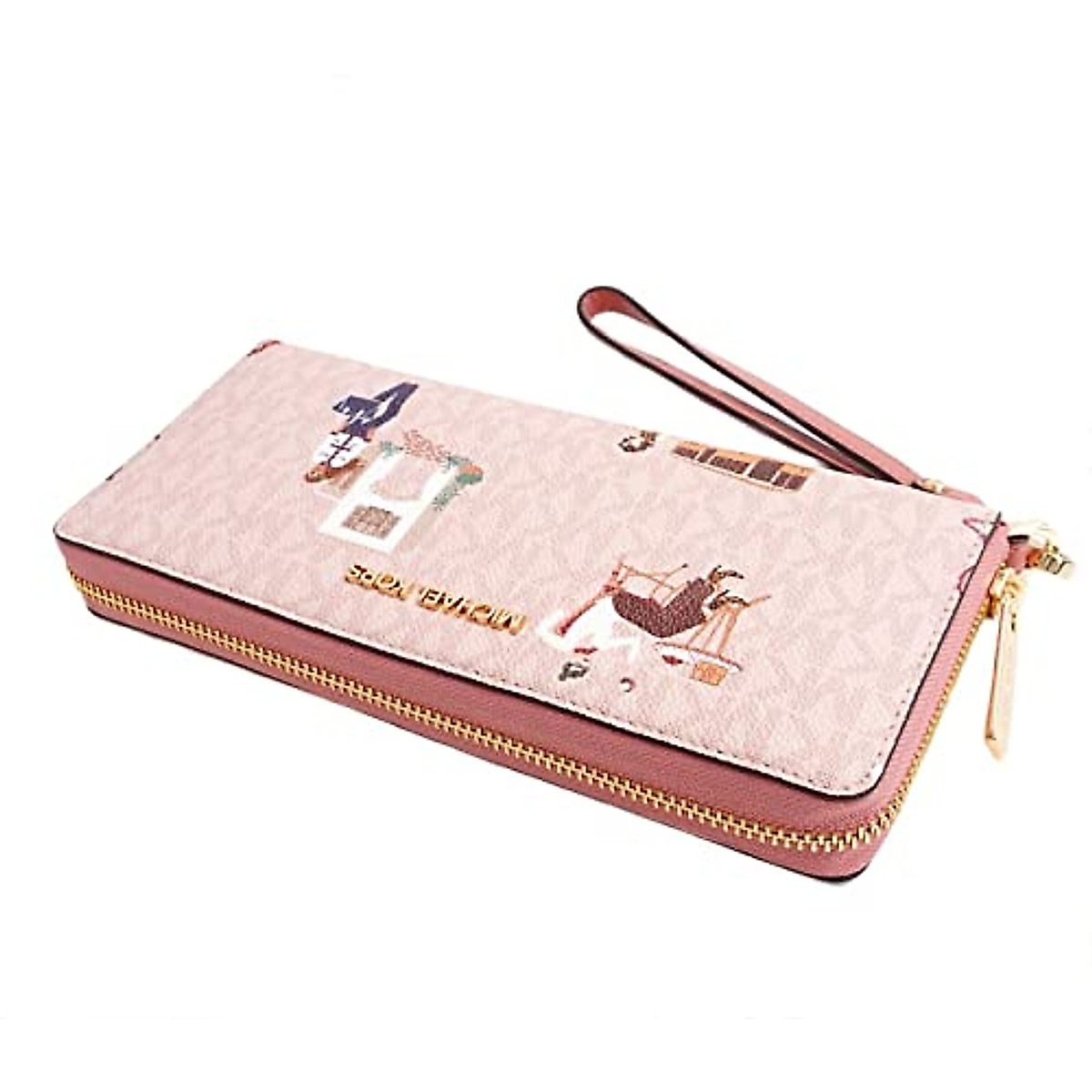 Michael Kors Jet Set Girls Large Zip Around Continental Wristlet Wallet MK Signature (Dark Powder Blush)