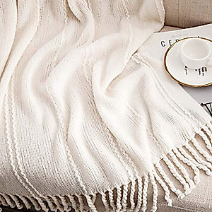 Revdomfly Knitted Throw Blanket White Farmhouse Woven Blankets with Fringe Tassels for Couch Bed, 47" x 67", White