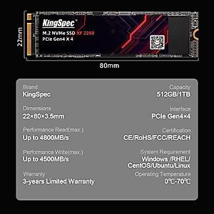 KingSpec 1TB PCIe4.0 NVMe SSD, M.2 2280 SSD 3D NAND Flash- Read Speed up to 4800MB/s, Compatible with PS5 / Desktop/Laptop