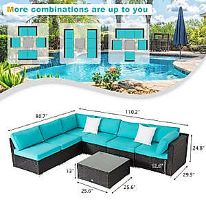 Kinfant Outdoor Patio Furniture Sofa - Sectional Patio Couch Rattan Wicker Sofa Set with Glass Tabel and Corner Seat for Poolside Garden Backyard (7 pcs, Turquoise)