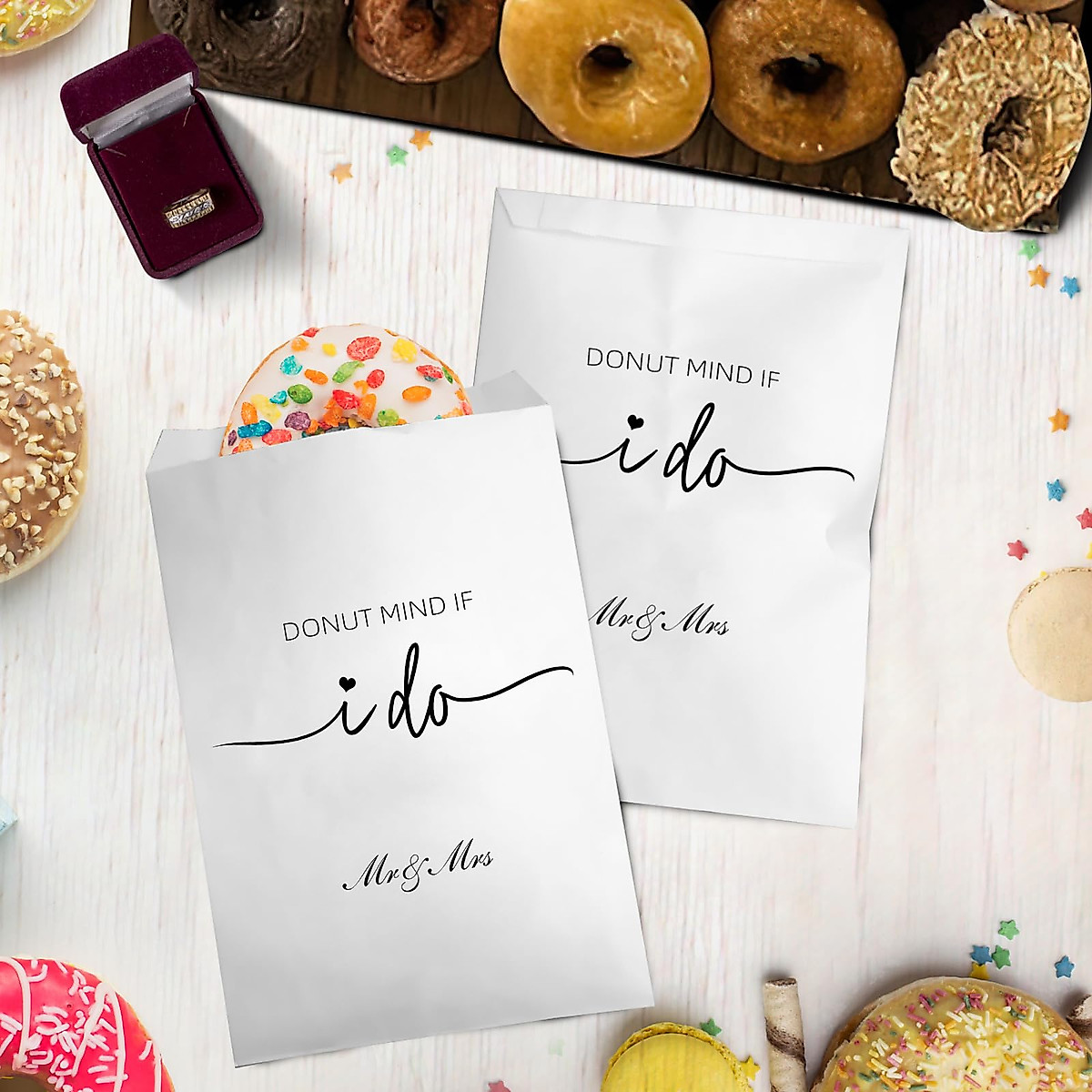Tyndallrays 48Pcs Donut Mind If I Do Wedding Favor Bags,Donut Favor Goody Snack Treat Grease Resistant Bags for Engagement Wedding Bridal Shower Party Decorations Supplies
