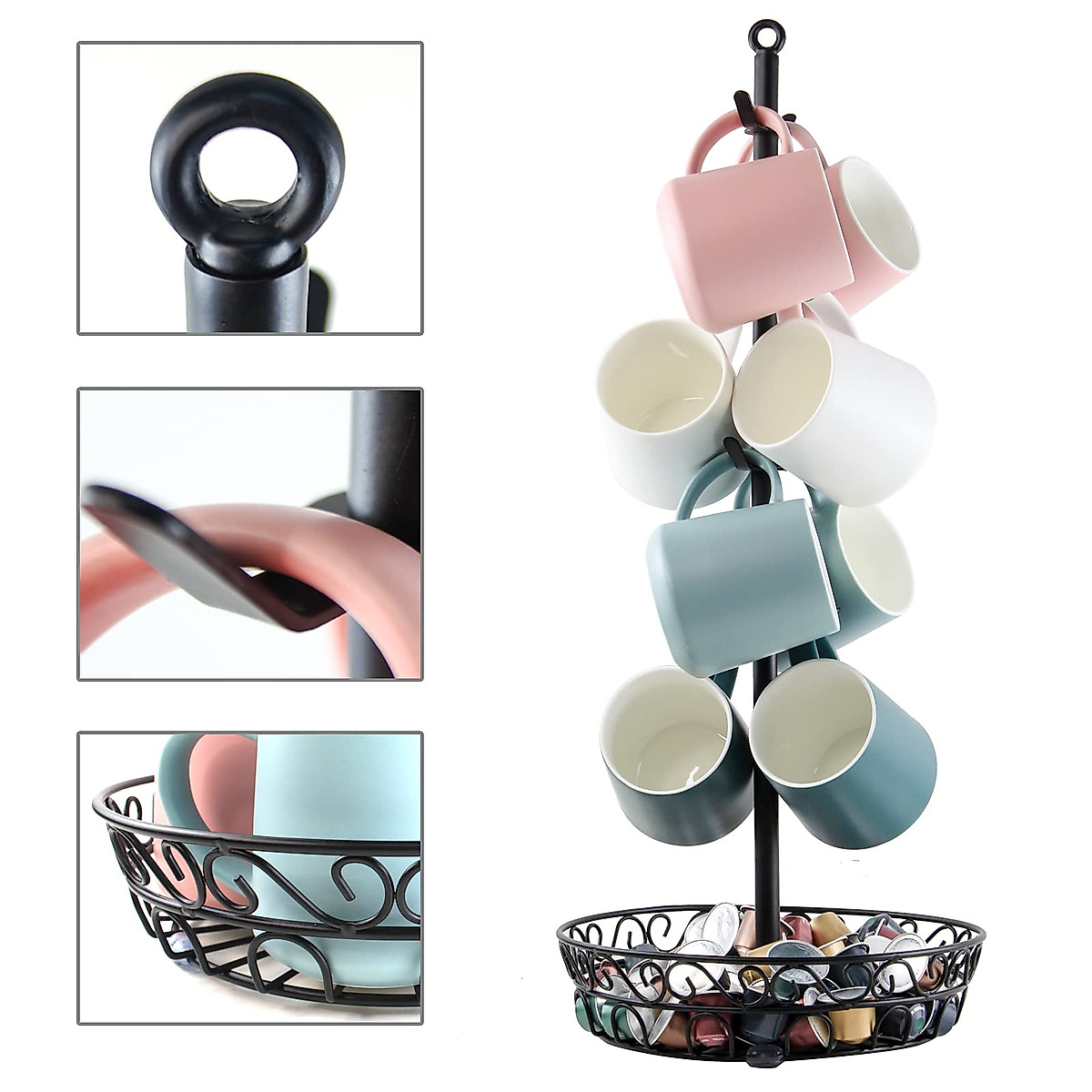 Coffee Mug Holder Stand with 8 Rotatable Hooks, Capsule Storage, Multipurpose Mug Holder, Coffee Station Organizer, Mug Tree for Kitchens, Offices, Parties & More, Black, 10.2(L)x10.2 (W)x24.4(H)inch