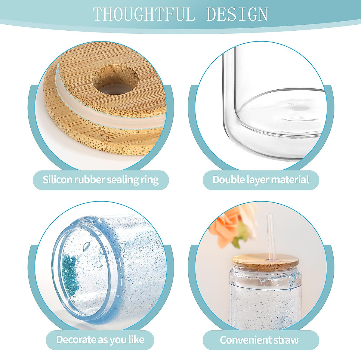 YOUKE OLA 6 Pack Pre Drilled Beer Glass Can Shaped Blank Double Wall Glass Cans with Rubber Stopper Bamboo Lid & Glass Straws for Snow Globe Glitter DIY 16oz