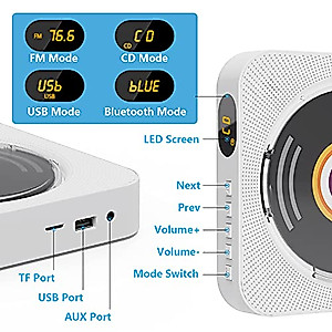 AONCO Portable CD Player, Upgrade Wall Mount CD Player, Bluetooth Home Audio with Dust Cover/Remote Control, LED Screen, Built-in Hi-Fi Speaker, Support CD/Bluetooth/FM Radio/U Disk/SD Card/AUX