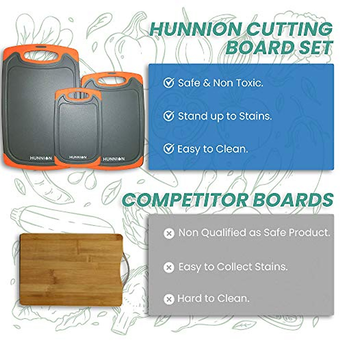 HUNNION Kitchen Cutting Board 3 Piece Set : Juice Grooves with Easy-Grip Handles, BPA-Free, Non-Porous, Dishwasher Safe, Multiple Size Plastic Cutting Boards (Orange)