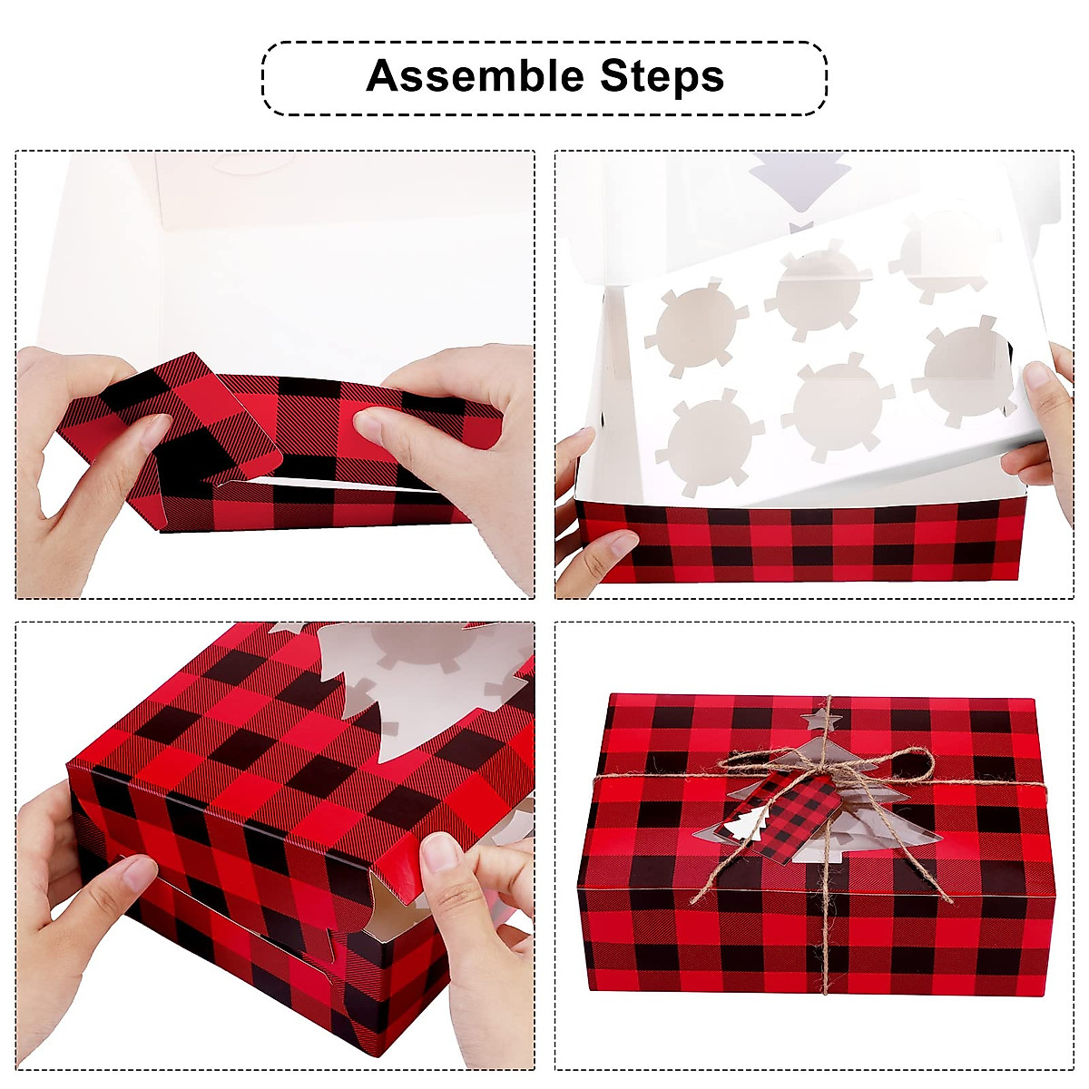 Ruisita 30 Pack Christmas Cupcake Boxes Plaid Red Black Paper Cupcake Carriers Bakery Box with Inserts and Window Cake Carrier Container Cookie Gift Boxes 6 Holders for Dessert, Pastries, Cake, Muffin