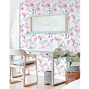 Floral Wallpaper Floral Contact Paper Peel and Stick Wallpaper Boho Wallpaper for Bedroom Pink Flower Wallpaper Leaf Wallpaper Self-Adhesive Removable Wallpaper Watercolor Kids Nursery 17.3“×78.7”