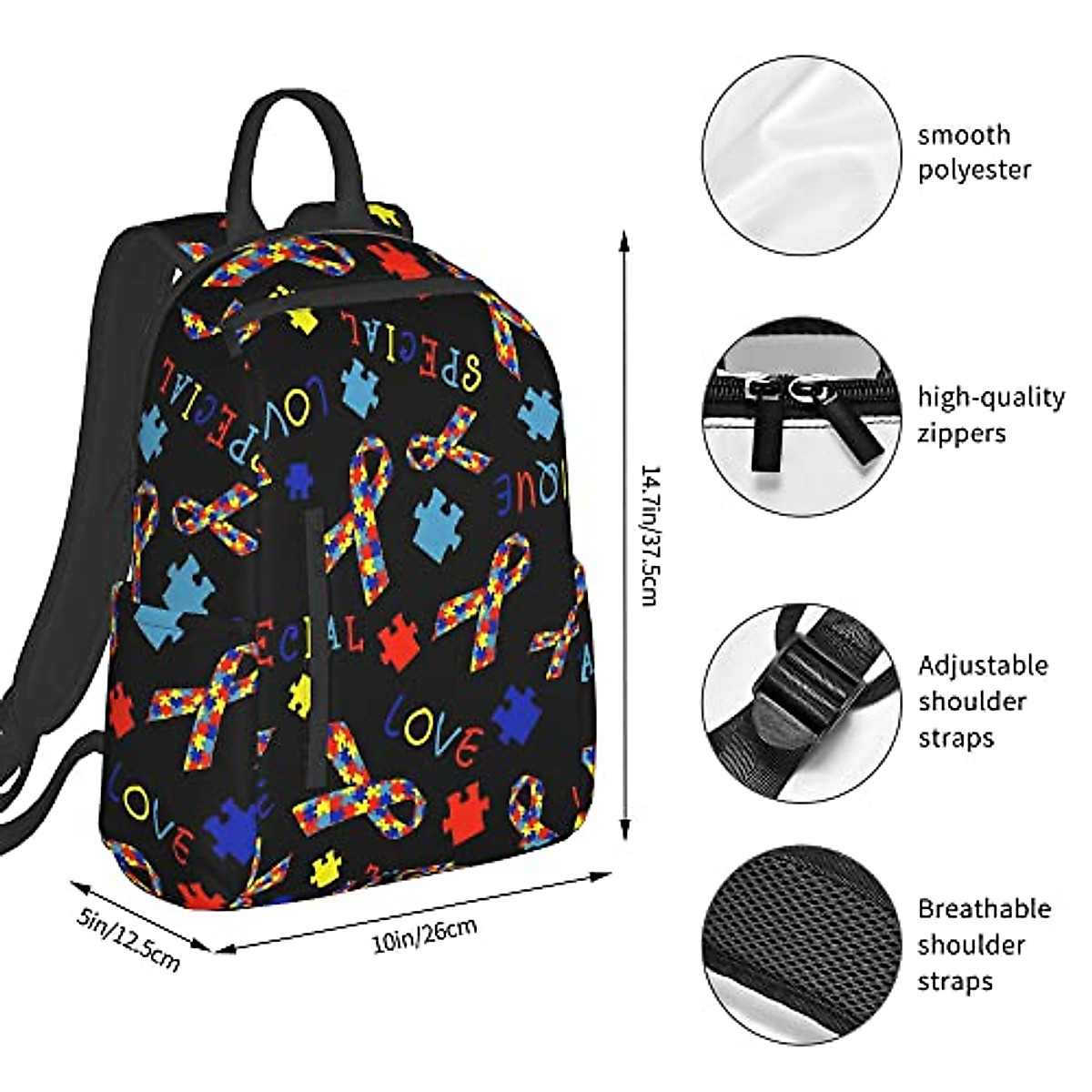SWEET TANG Backpack for Autism Awareness Ribbon Black Bookbag