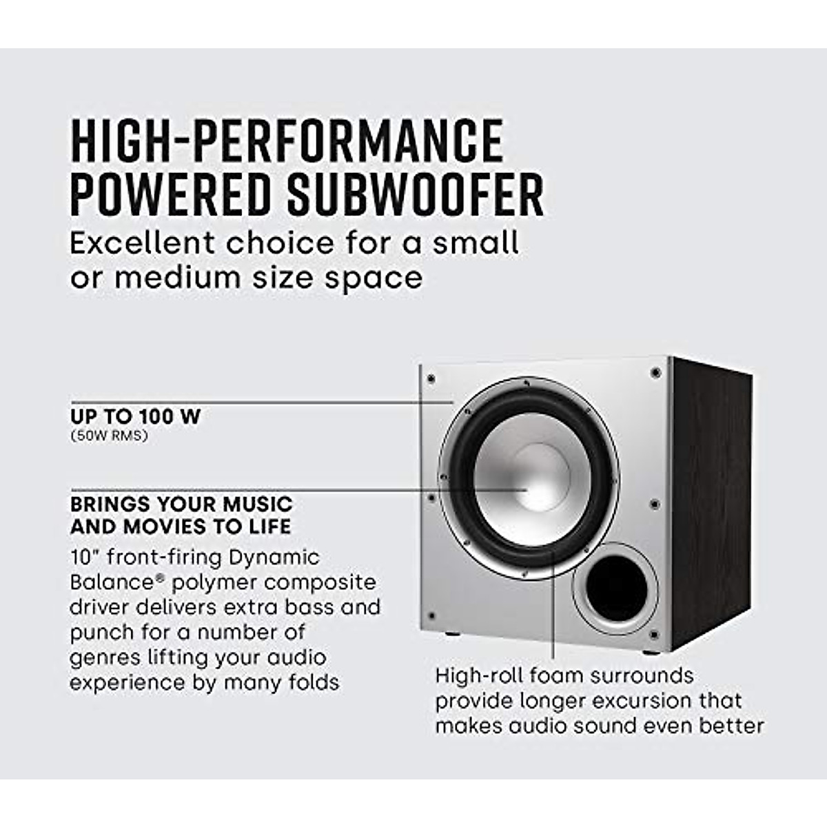 Polk Audio PSW10 10" Powered Subwoofer - Power Port Technology, Up to 100 Watts, Big Bass in Compact Design, Easy Setup with Home Theater Systems Black