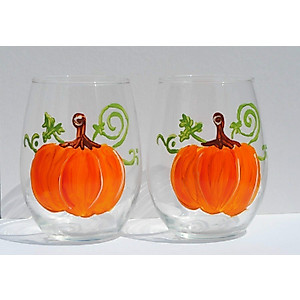Pumpkin Hand Painted Stemless Wine Glasses Set of 2 Thanksgiving Home Decor