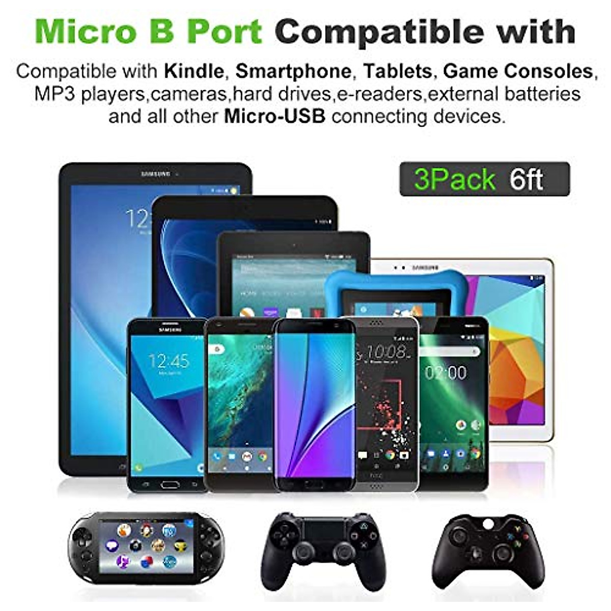 Micro USB Cable, 3Pack 6FT Android Charger Cord Long Nylon Braided Sync and Fast Charging Cables Compatible Samsung Galaxy S6 S7 Edge, Kindle, Android & Windows Smartphones, Xbox, PS4 and More-Blue