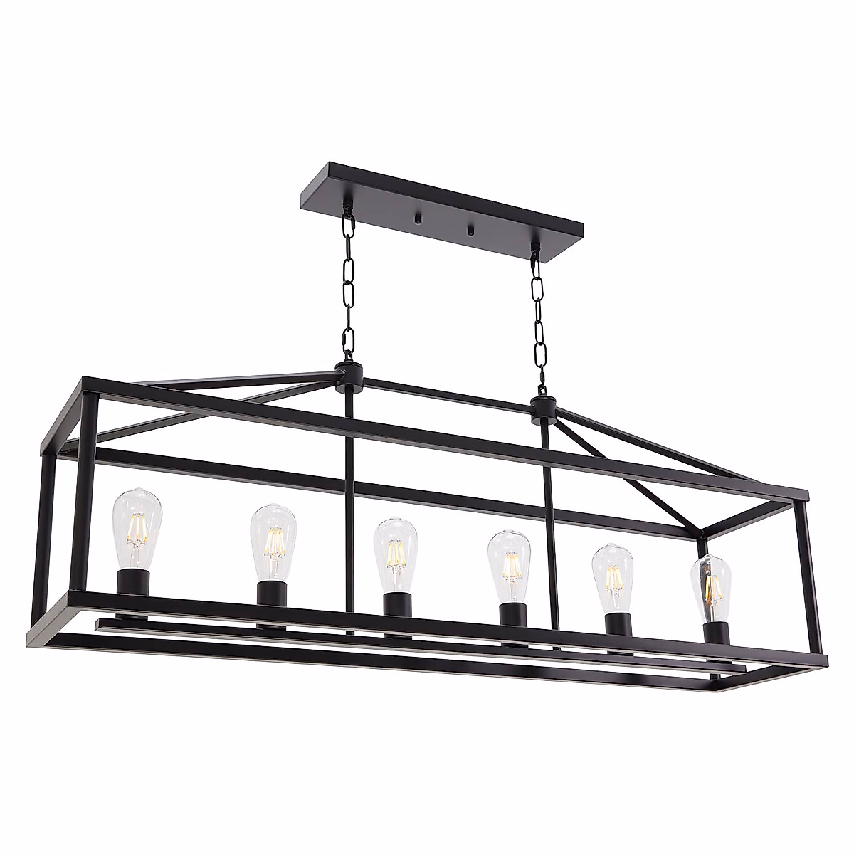 BONLICHT Modern Rectangle Chandelier 6 Light Black Industrial Vintage Kitchen Island Lighting Fixture Hanging Pendant Lamp Farmhouse Metal Cage Ceiling Light Fixtures for Living Room Dining Room Foyer