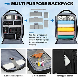 Lubardy Camera Bag Professional DSLR SLR Mirrorless Camera Backpack 15.6 Inch Waterproof Laptop Backpack Anti-Theft Camera Case with Rain Cover Large Capacity Photography Backpack for Men Women, Black